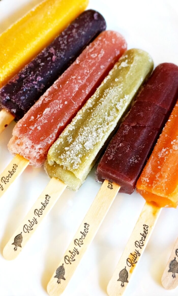 Ruby Rocket's pops are are with fruits and veggies